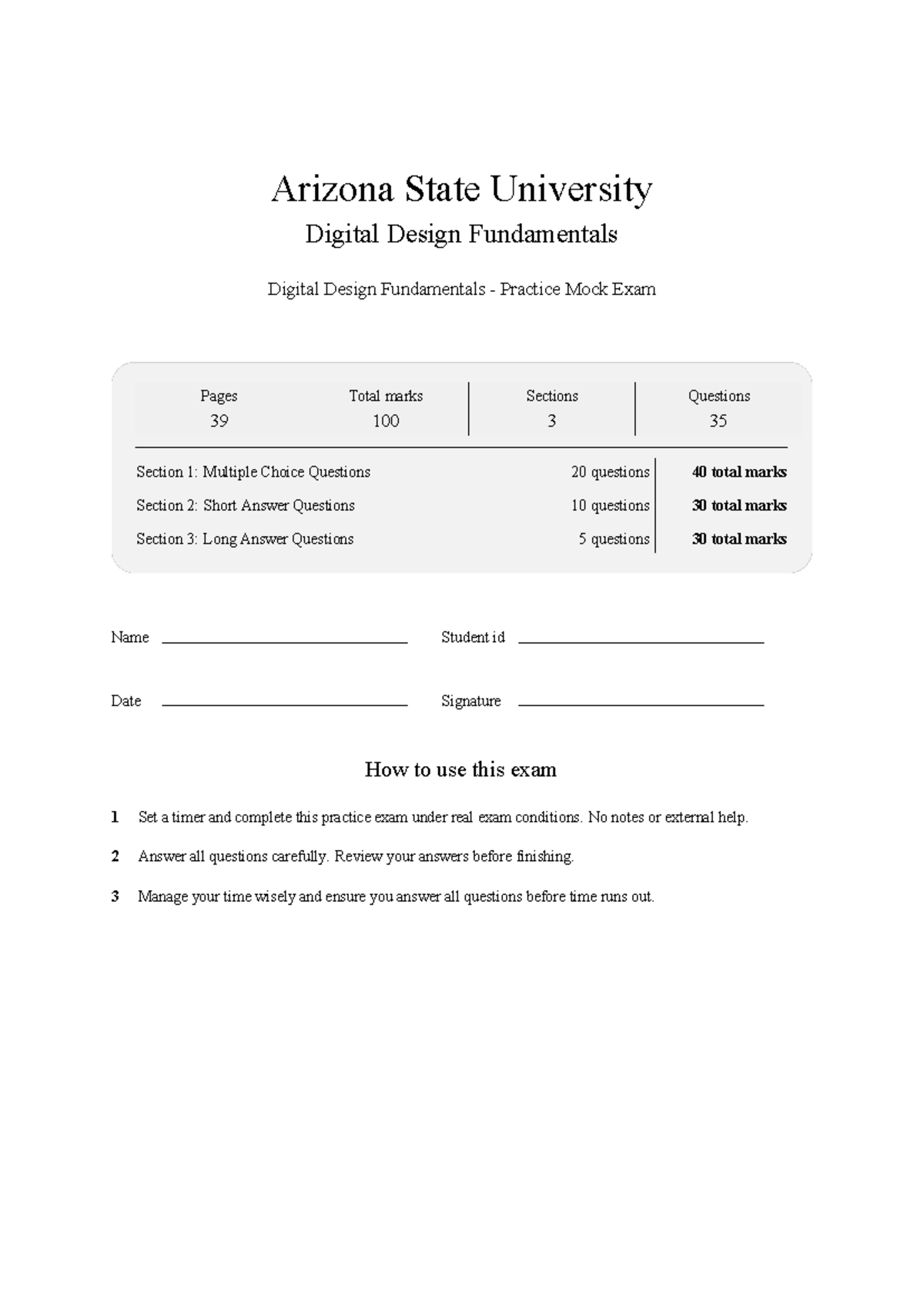 CSE 120 Digital Design Fundamentals ASU Practice Mock Exam 2026 - Studocu