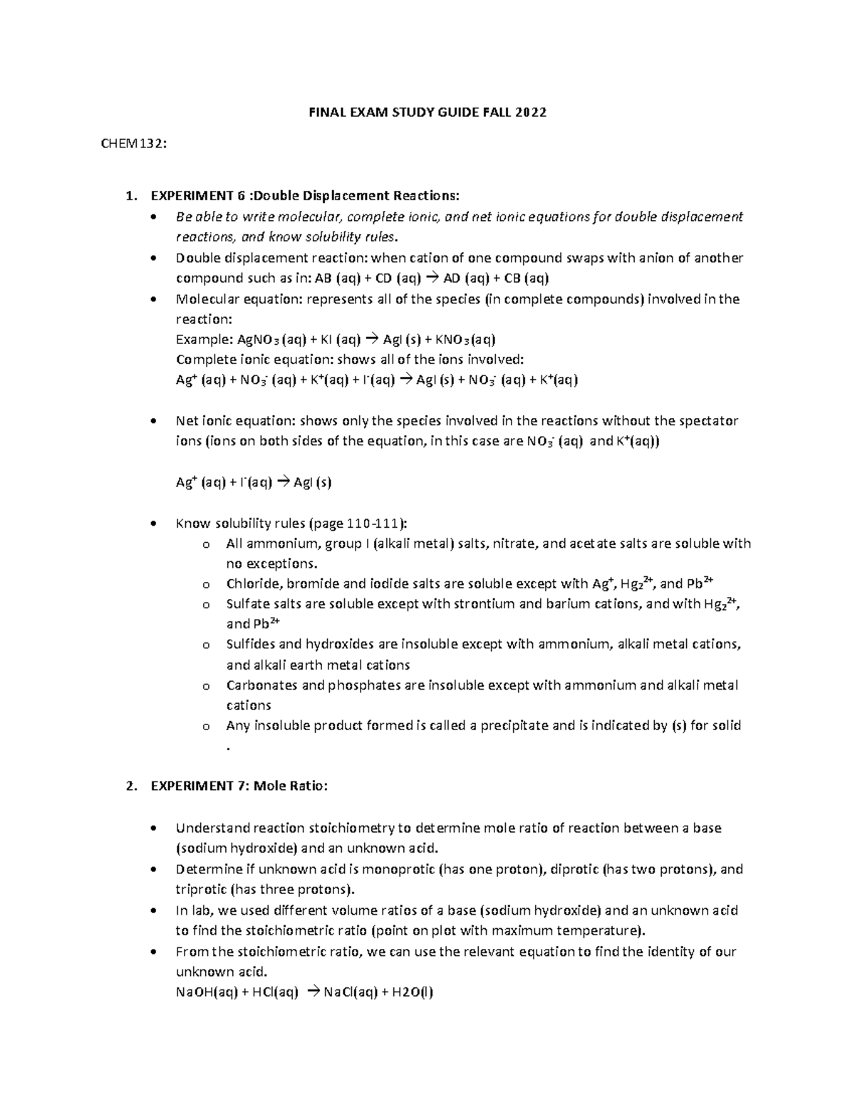 Final Exam Study Guide for CHEM132: Key Experiments Overview - Studocu