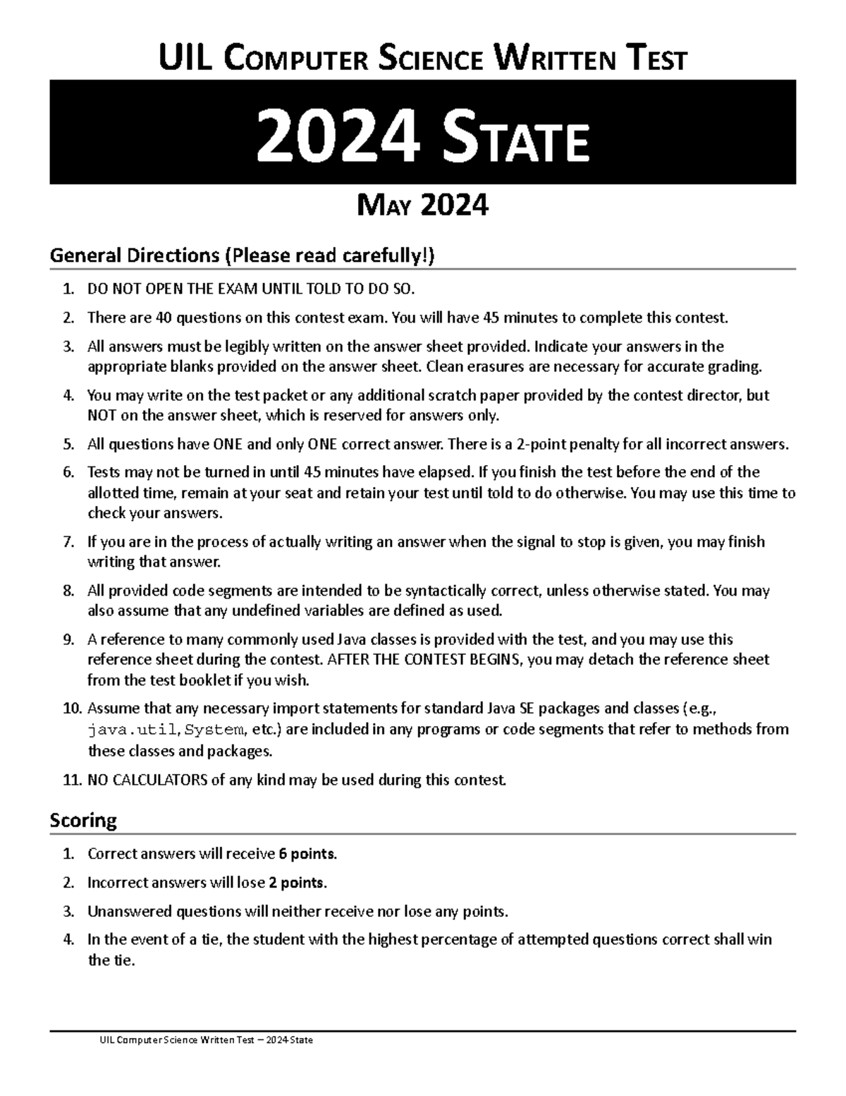 UIL Comp Sci Written Test Study Packet - May 2024 - Studocu