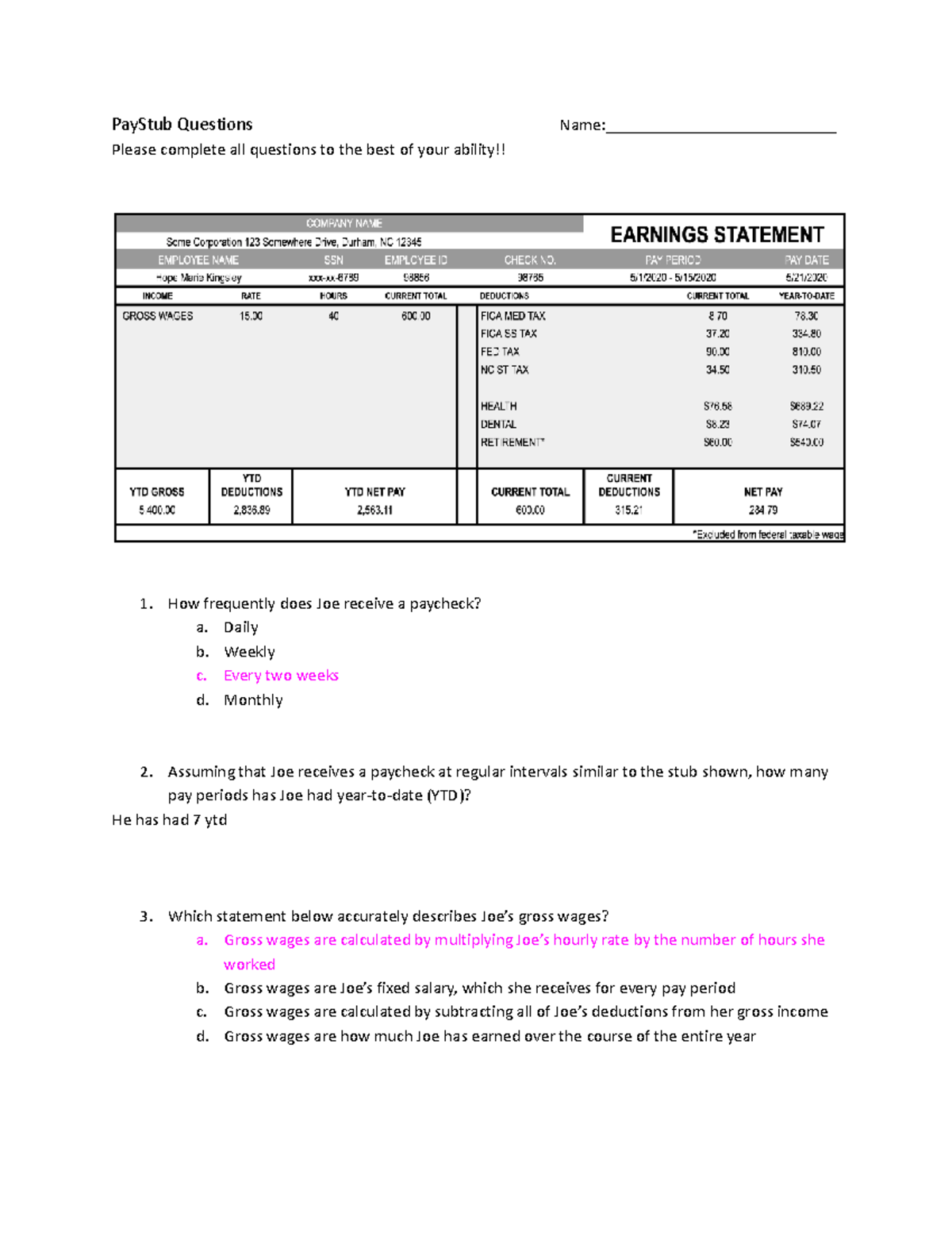 Pay Stub Questions and Answers for Financial Understanding - Studocu