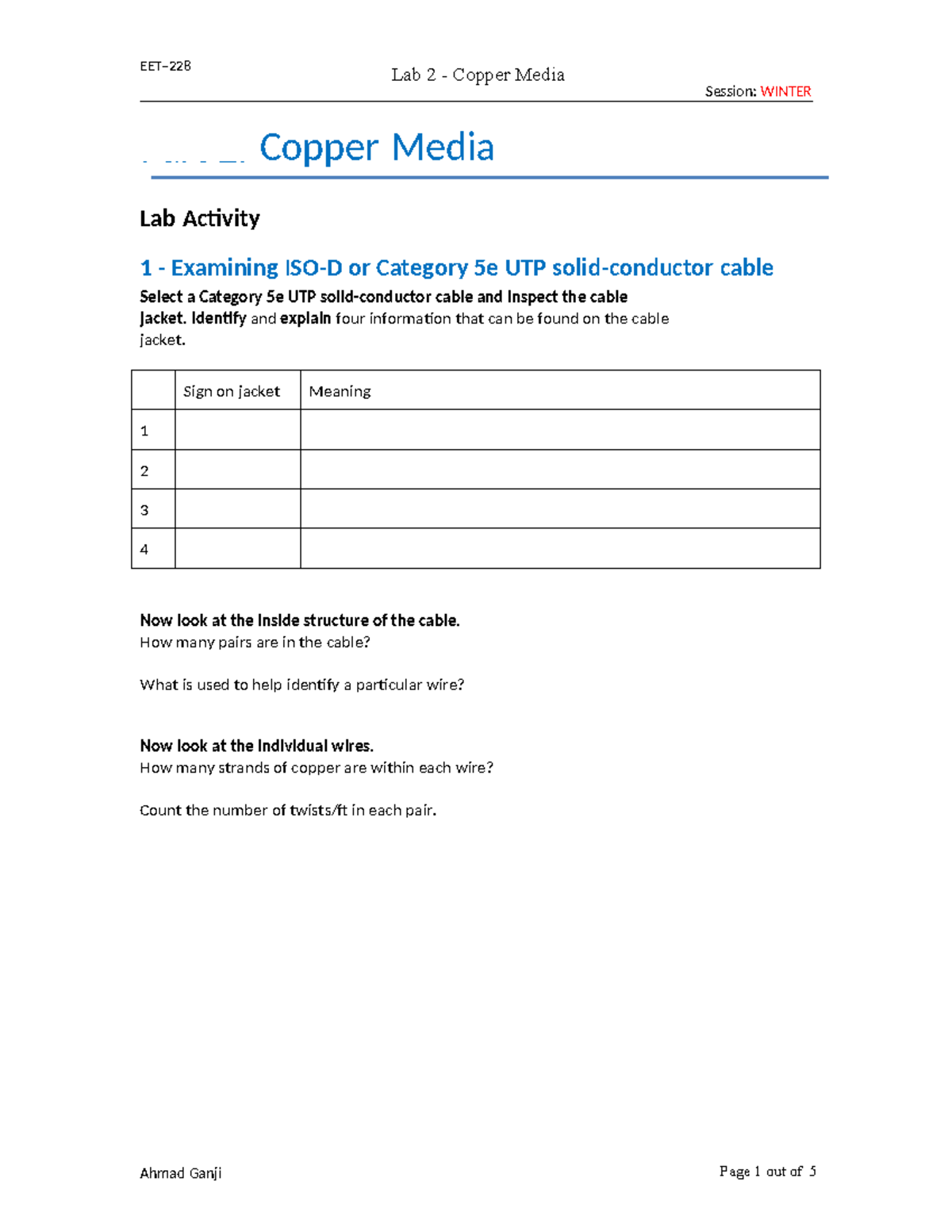 EET228 W23 Lab2-Copper media - Part 2: LAB: 1 Safety and Copper Page 3 of EET− Lab 2 - Copper ...