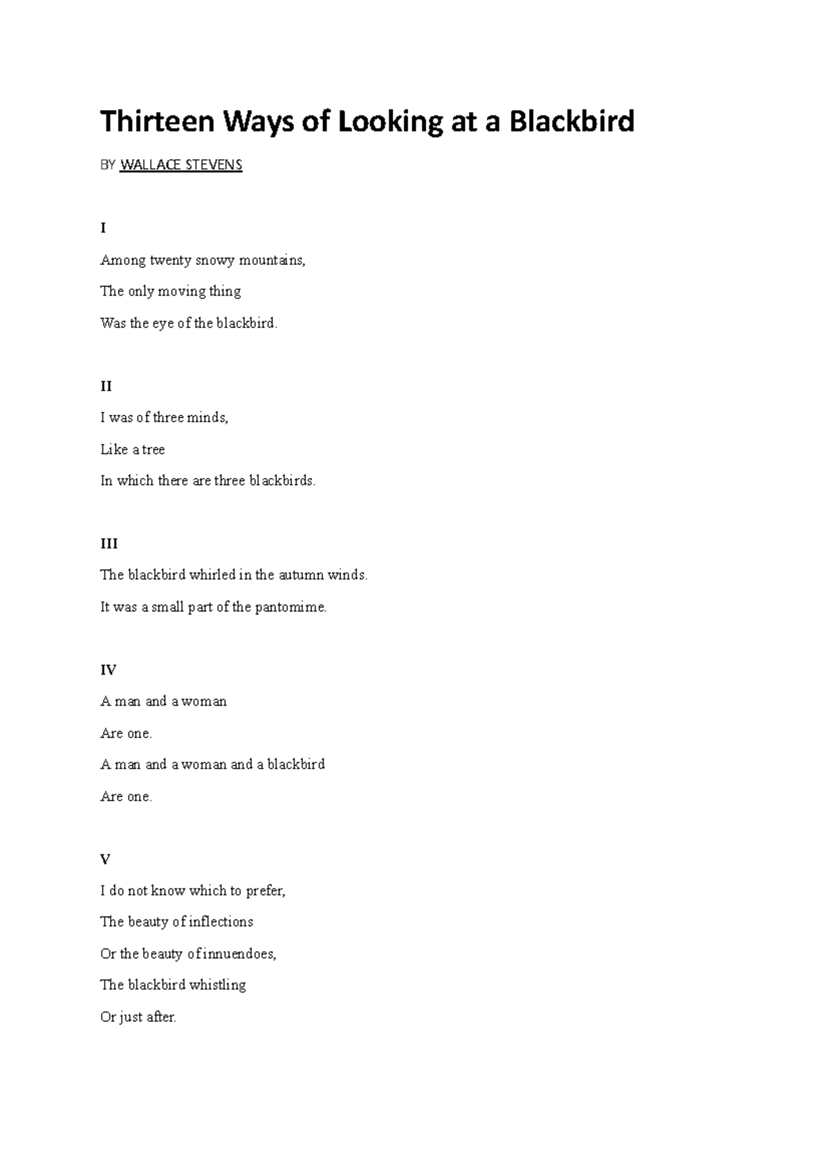 WALLACE STEVENS: Thirteen Ways of Looking at a Blackbird Analysis - Studocu
