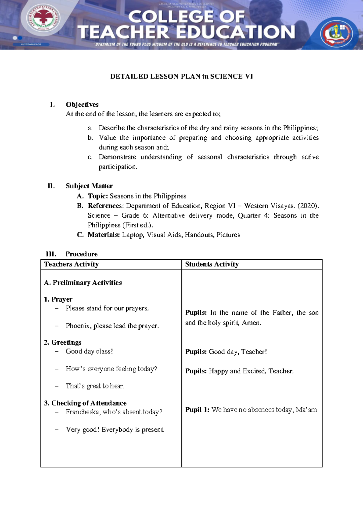 Detailed Lesson Plan on Seasons in Science VI - Studocu