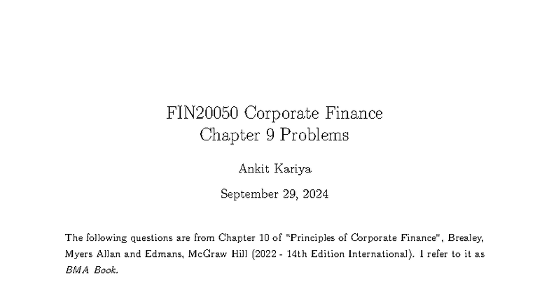FIN20050 Corporate Finance Chapter 10 Problems Analysis - Studocu