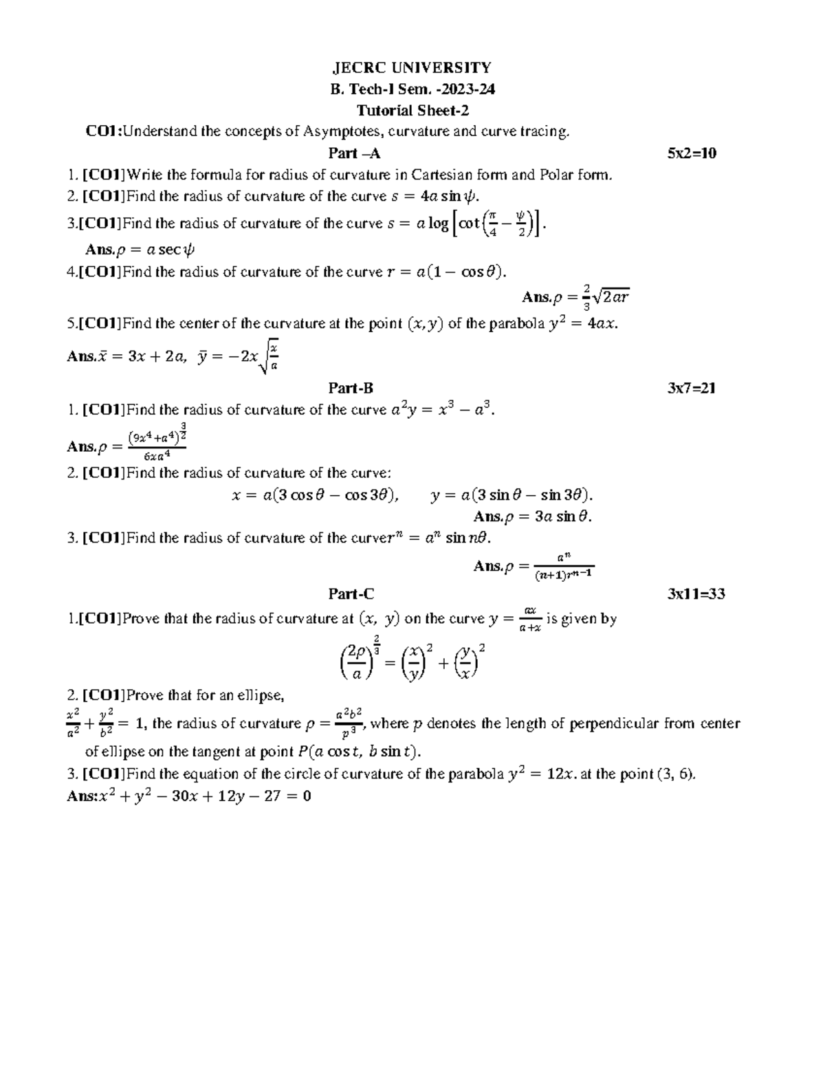 Tutorial Sheet 2 EM 1 - JECRC UNIVERSITY B. Tech-I Sem. -2023- Tutorial ...