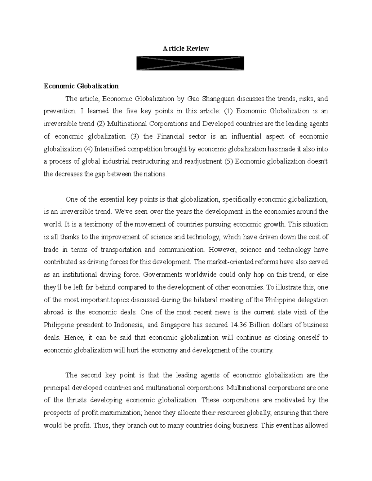 World bye good - Article Review Economic Globalization The article ...