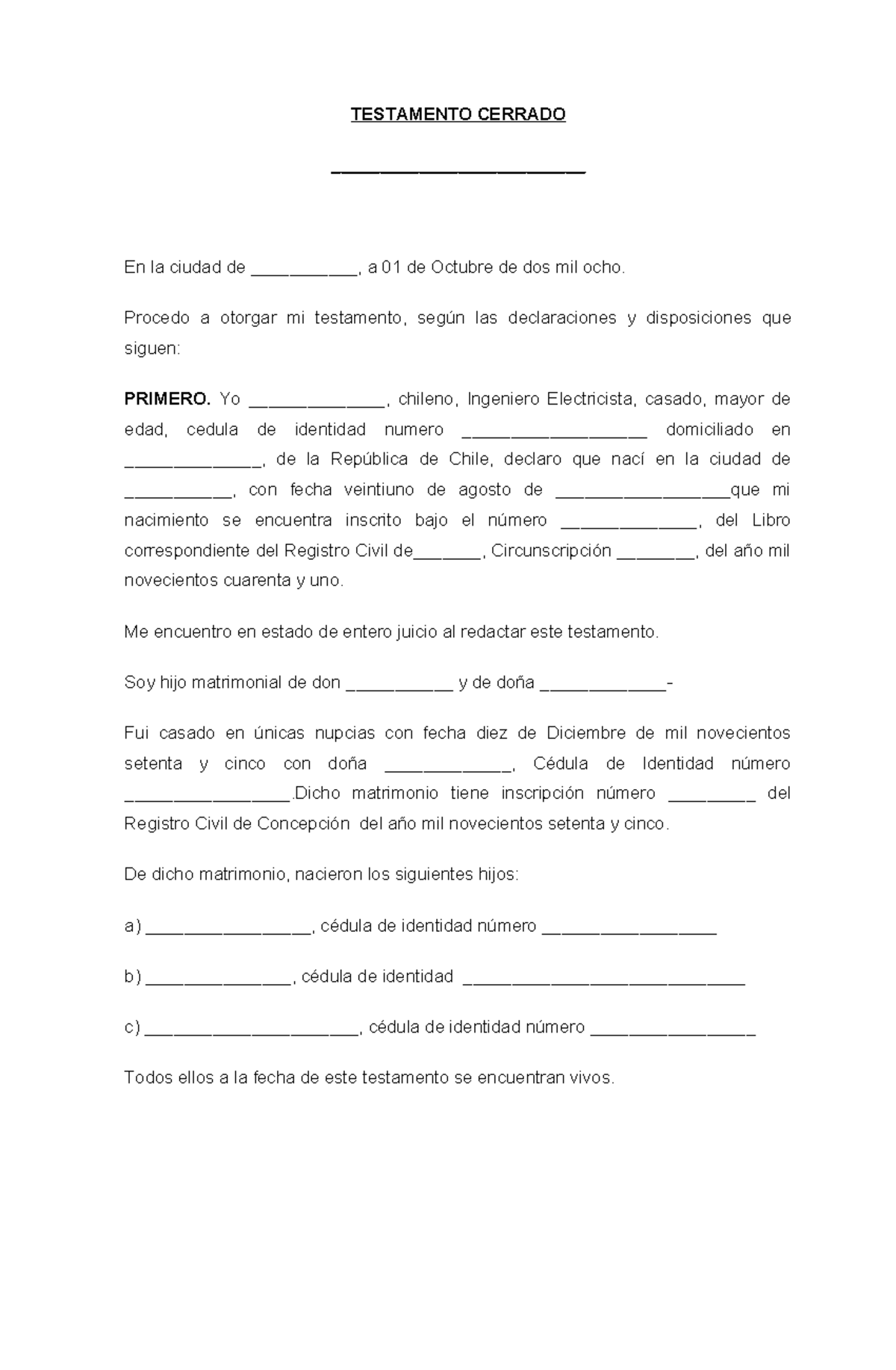 Modelo de Testamento Cerrado - Ejemplo Legal en Chile - Studocu