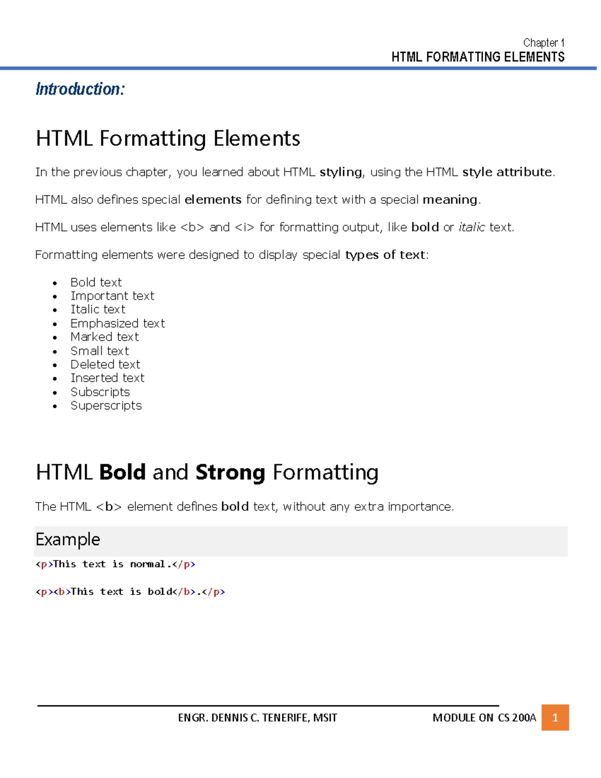 HTML-Formatting-Elements 7 MSU - Chapter 1 HTML FORMATTING ELEMENTS Introduction: HTML ...