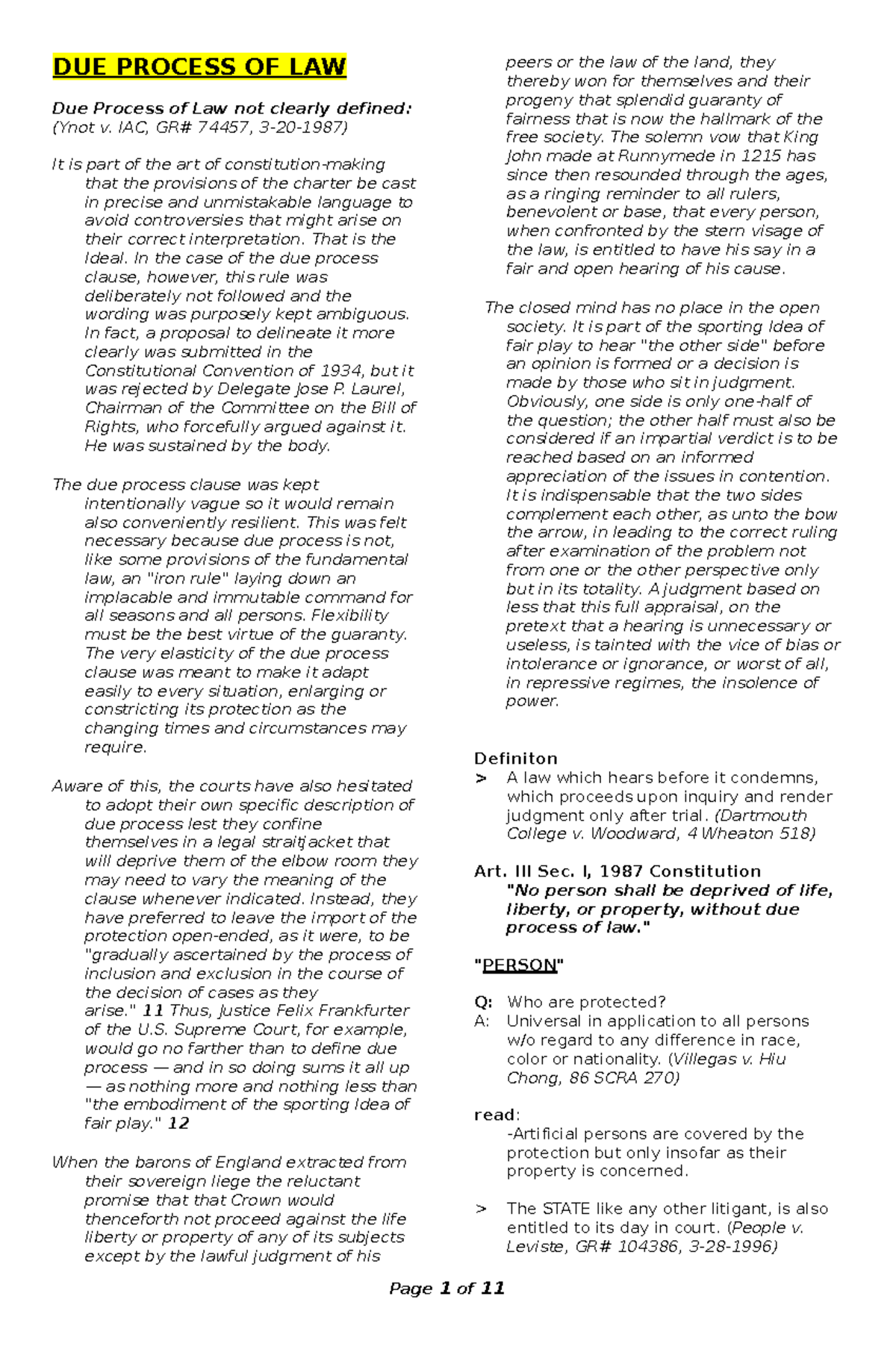 DUE PROCESS OF LAW DISCUSSION OUTLINE - DUE PROCESS OF LAW Due Process ...