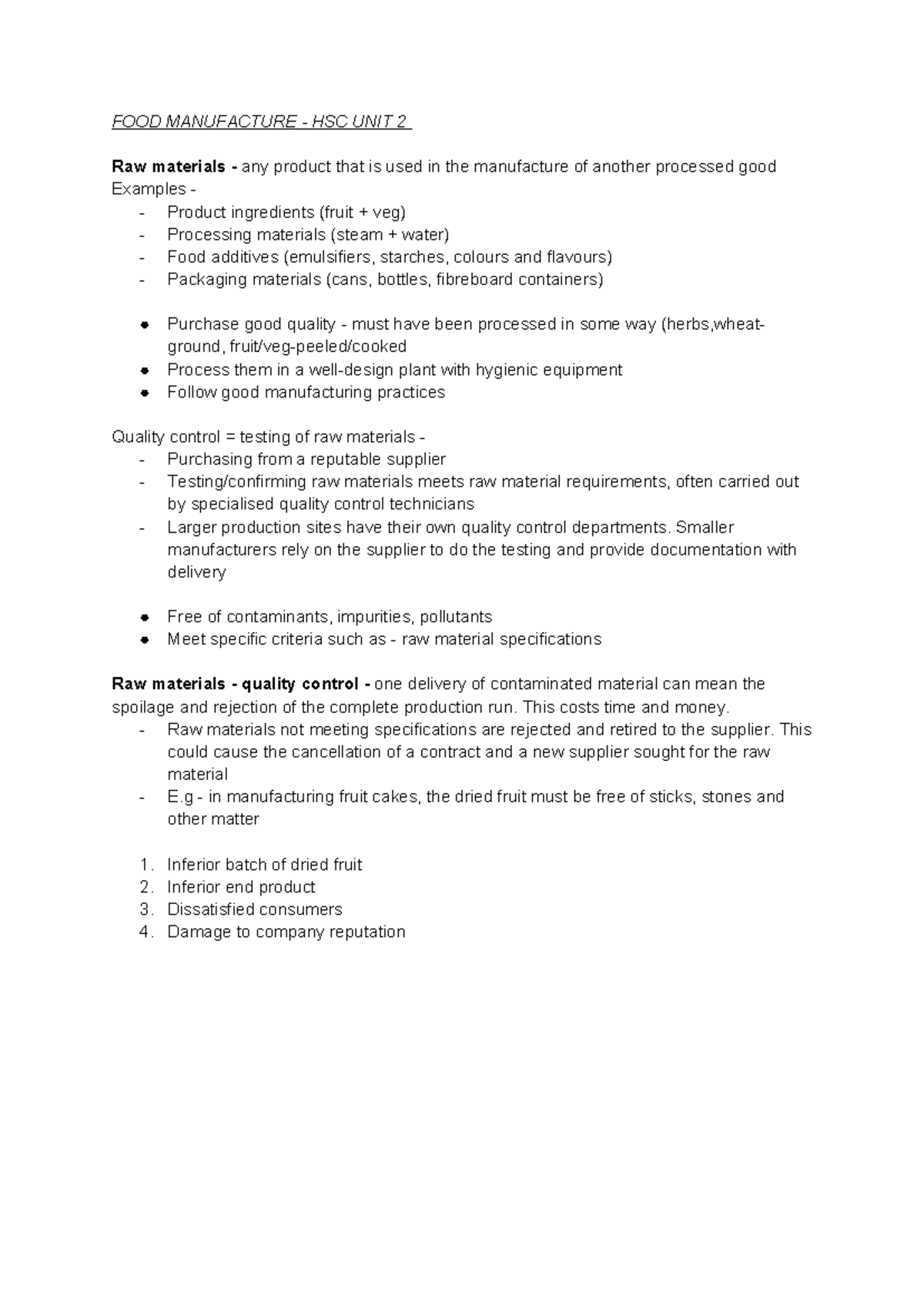 HSC Unit 2 Food Technology: Understanding Food Manufacture Processes ...