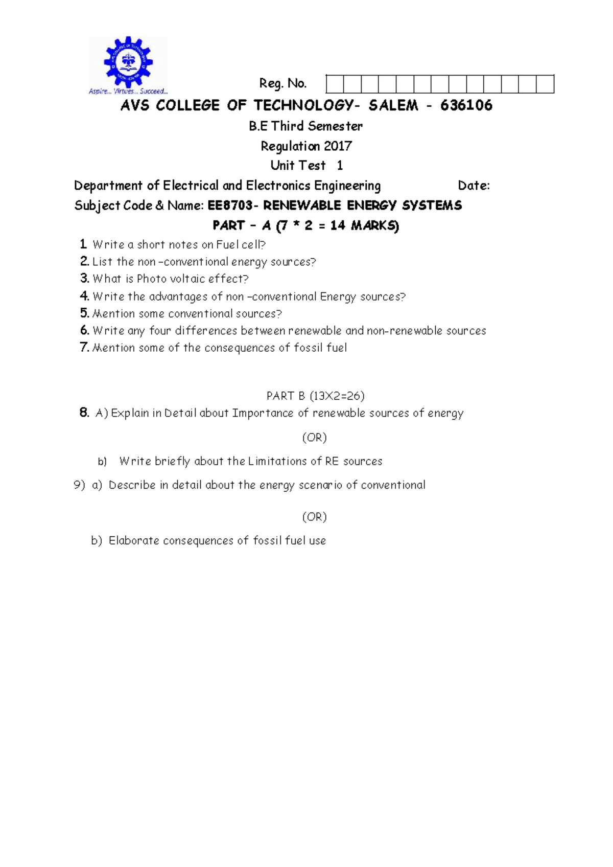 EE8703 Renewable Energy Systems Midterm Exam QP - Summary - Studocu