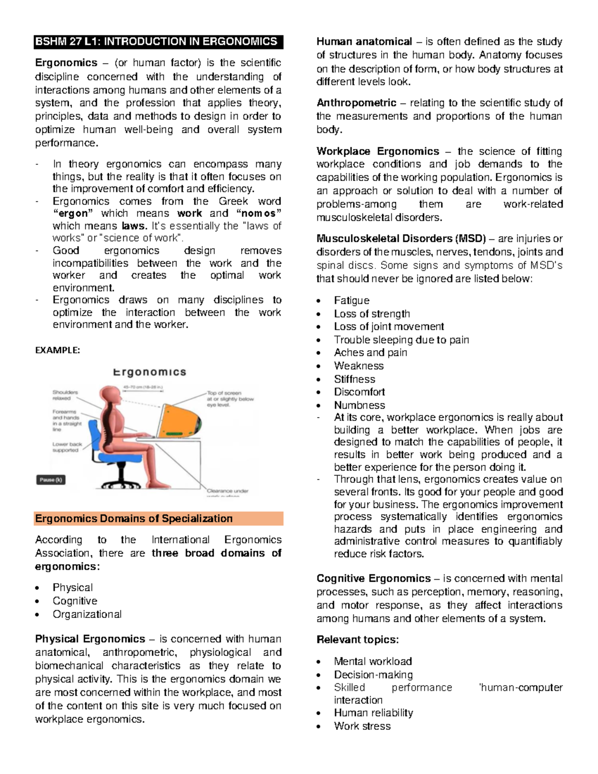 BSHM 27 L1: Introduction to Ergonomics and Feasibility Study Format ...