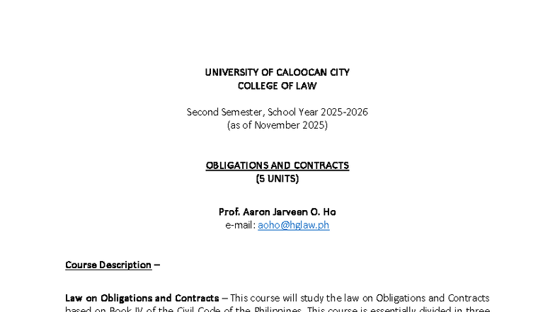 Obligations and Contracts Syllabus (LAW 101) - Prof. Ho - Studocu