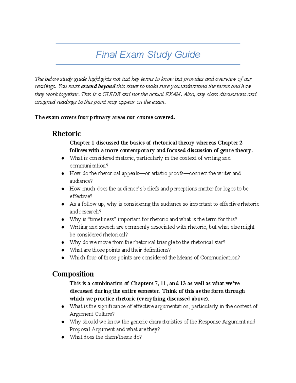 Final Exam Study Guide for Rhetoric and Composition (2024) - Studocu