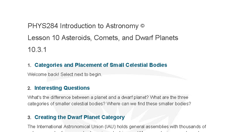 PHYS284 Lesson 10: Asteroids, Comets, and Dwarf Planets Overview - Studocu