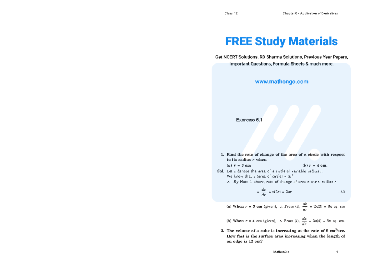 Class 12 Maths Chapter 6 Application of Derivatives Solutions and ...