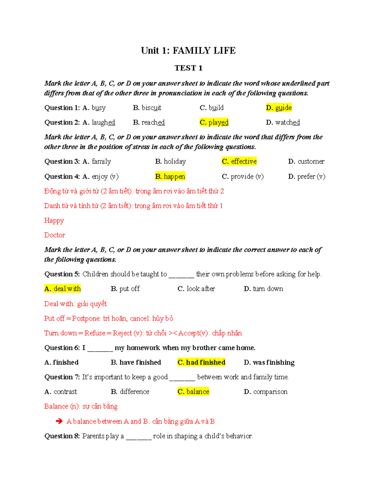 Unit 1: FAMILY LIFE TEST 1 & 2 Review - English Final Exam Prep - Studocu