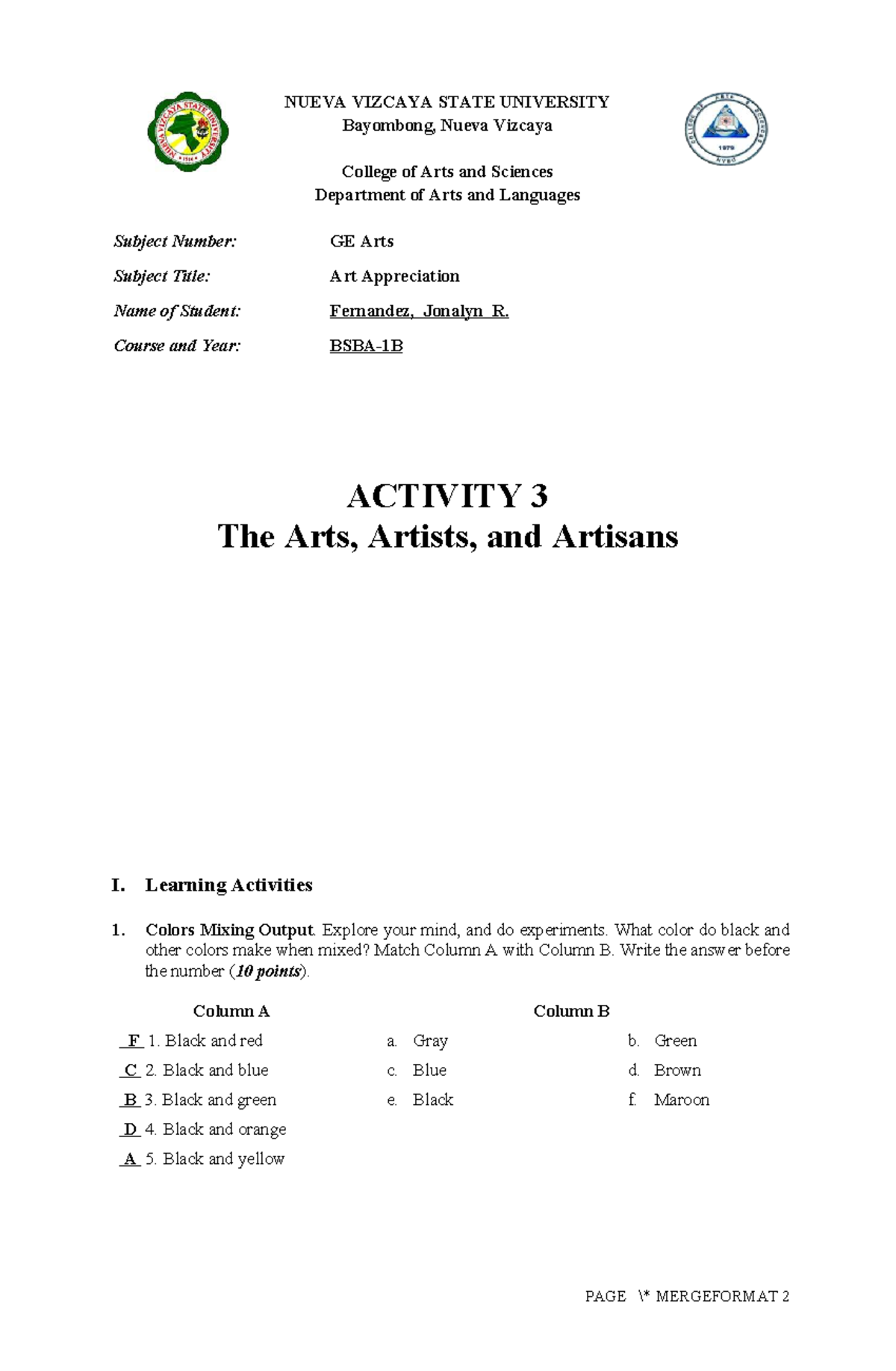 Activity 3: The Arts, Artists, and Artisans - GE Arts Notes - Studocu