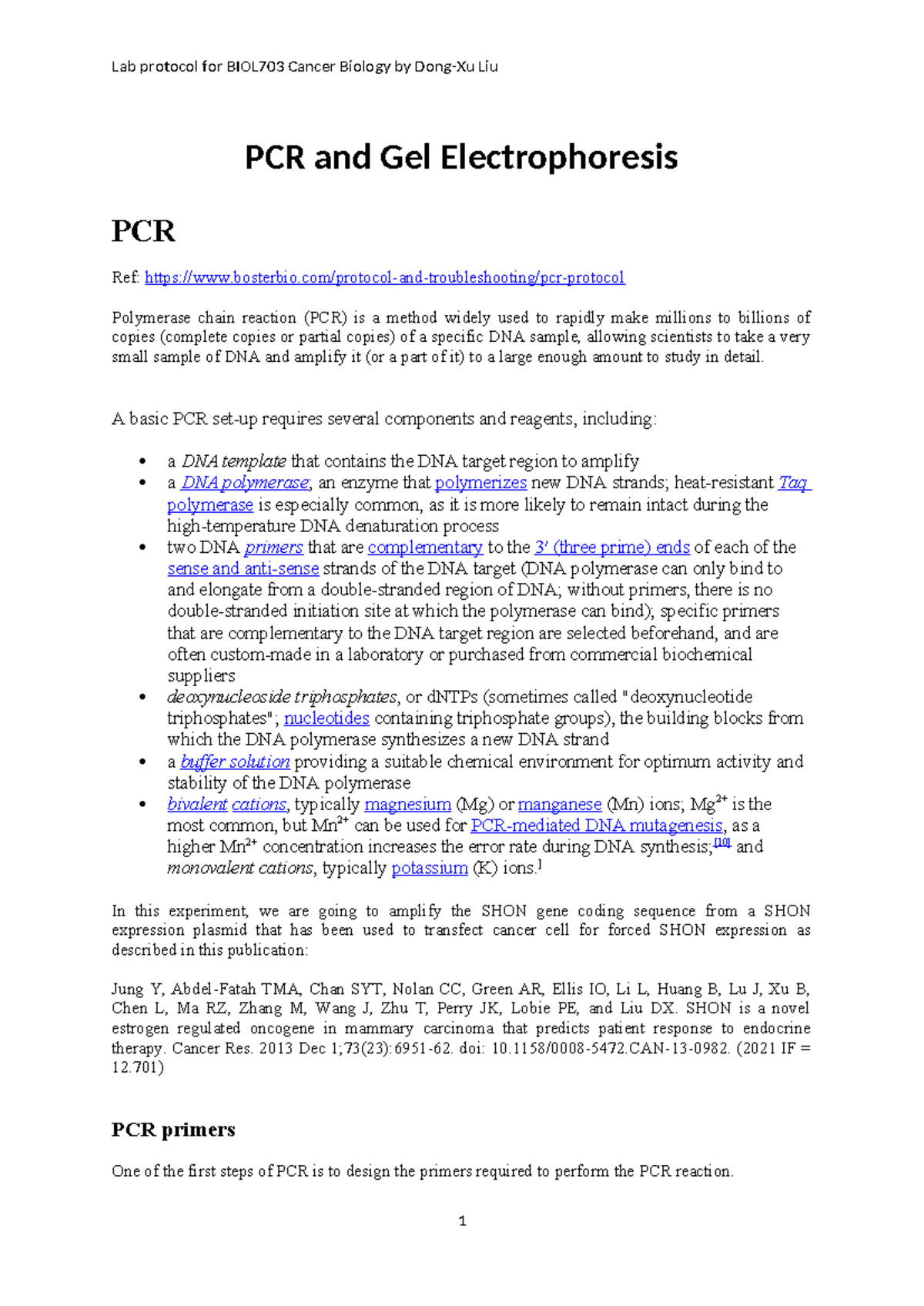 Labs 5-6A - PCR and Gel Electrophoresis - PCR and Gel Electrophoresis ...