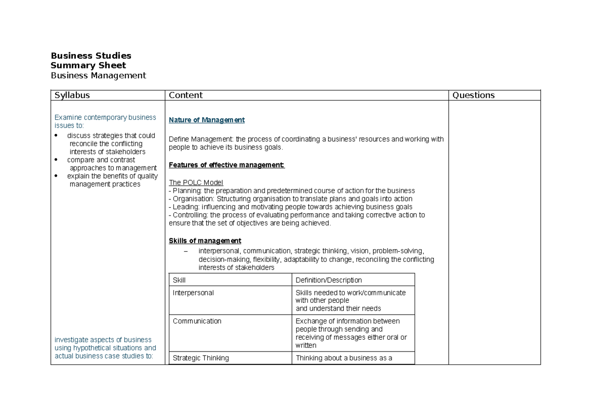 Business Management Syllabus Summary Sheet: Key Concepts & Strategies ...