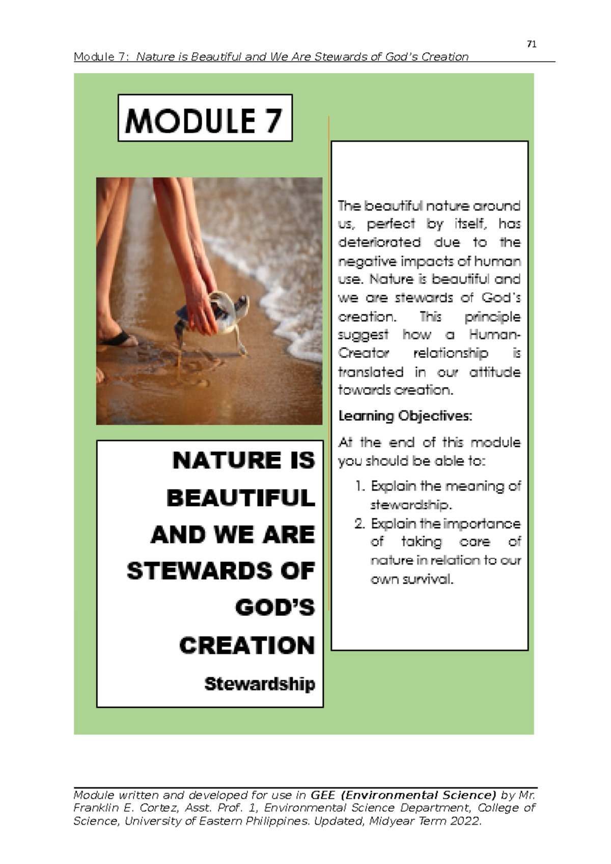 2022 envi-sci-module 7 - Module 7: Nature is Beautiful and We Are Stewards of God’s Creation ...
