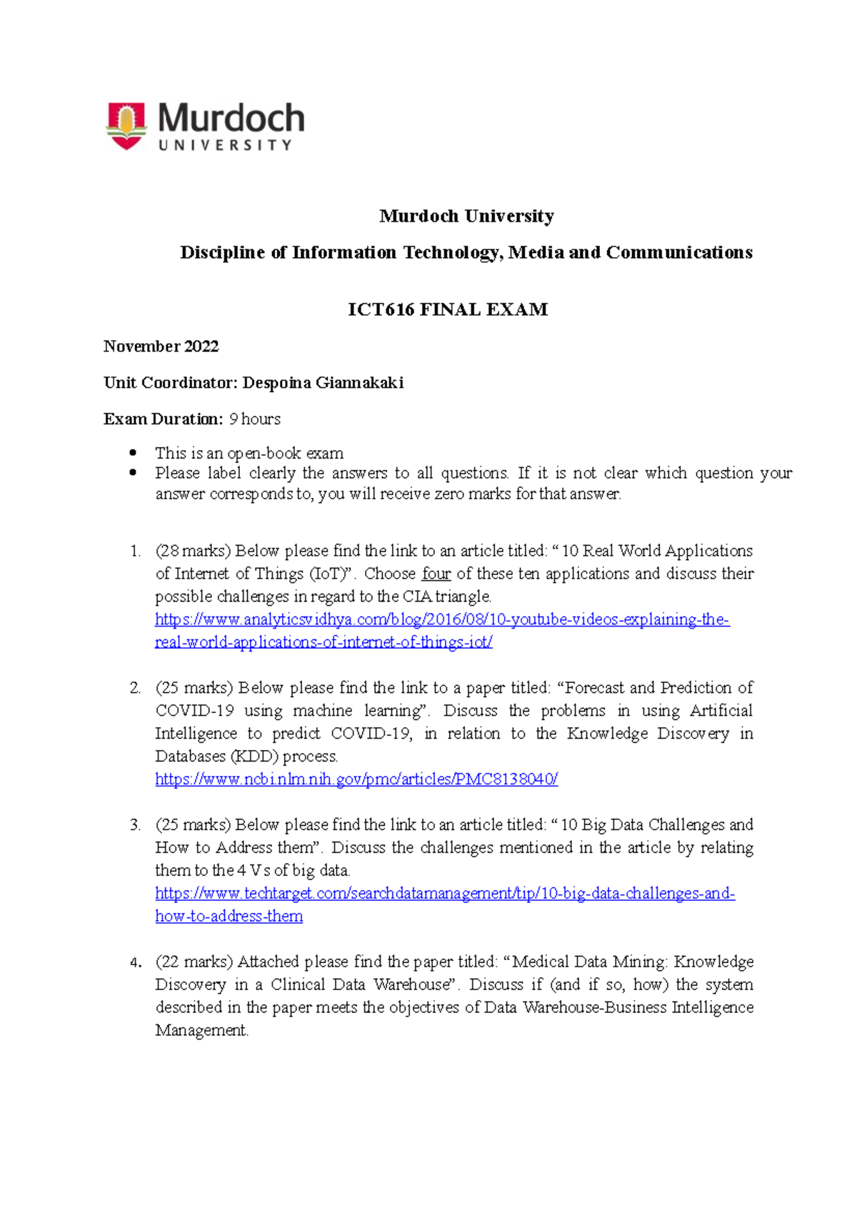 ICT616 Final Exam Questions S2 2022 - Murdoch University - Studocu