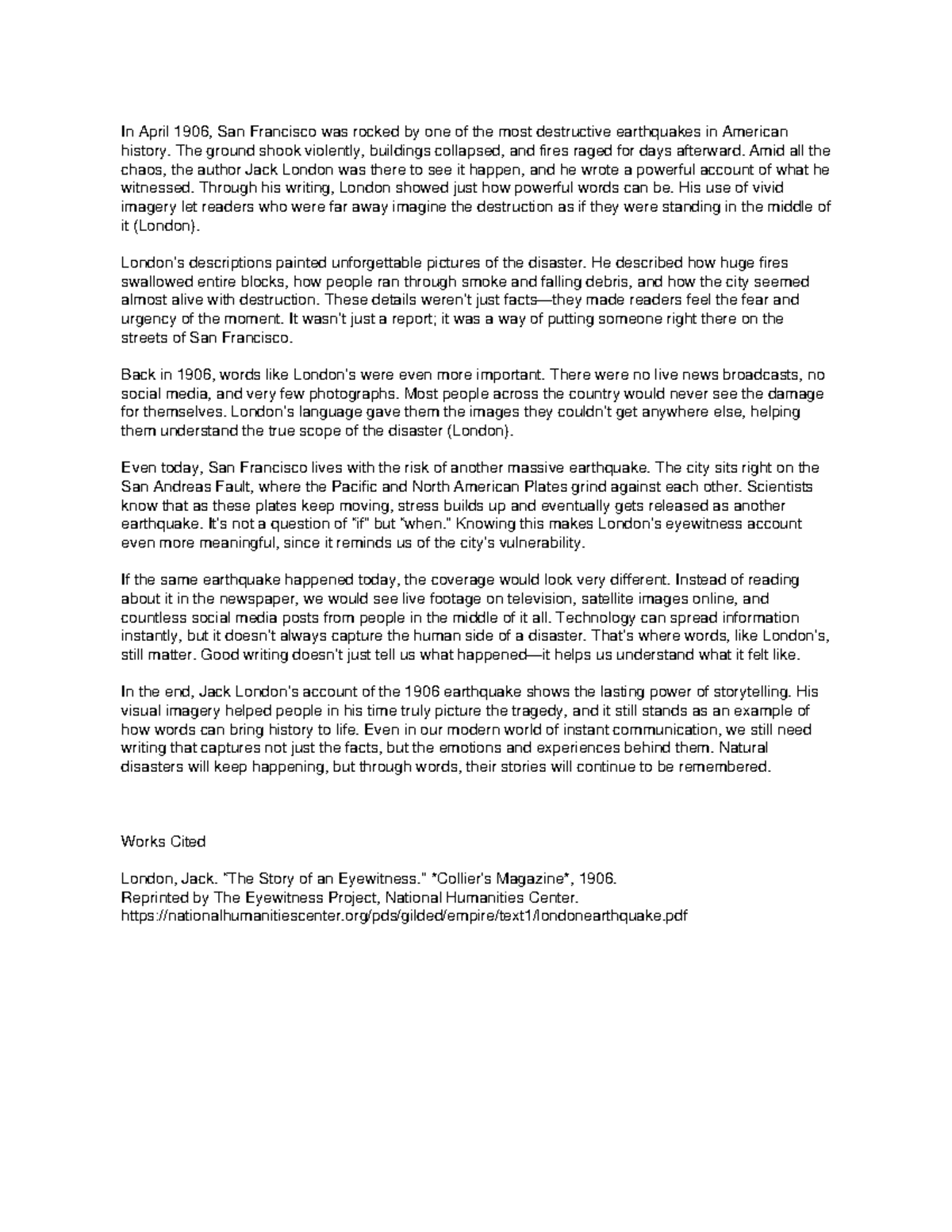 Jack London: The Power of Words in the 1906 Earthquake Essay - Studocu