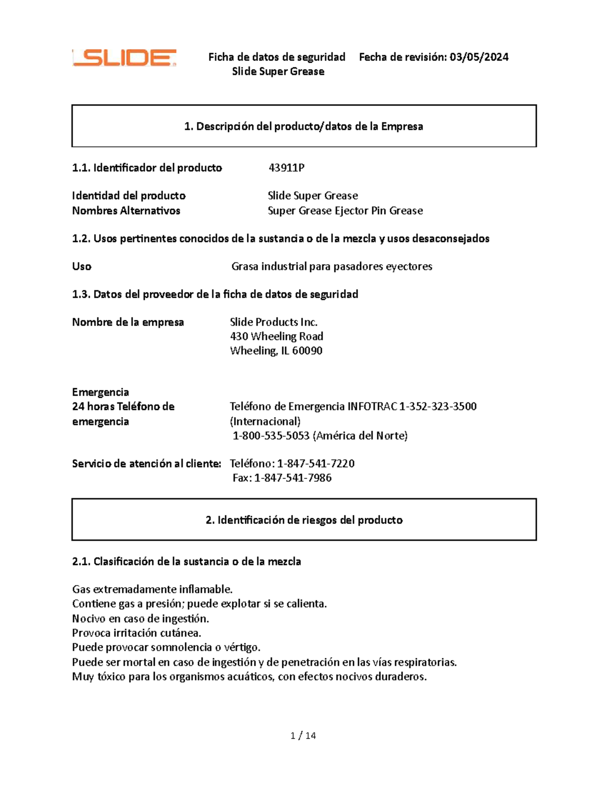 Ficha de Datos de Seguridad: Slide Super Grease 43911P - Revisión 1 - Studocu