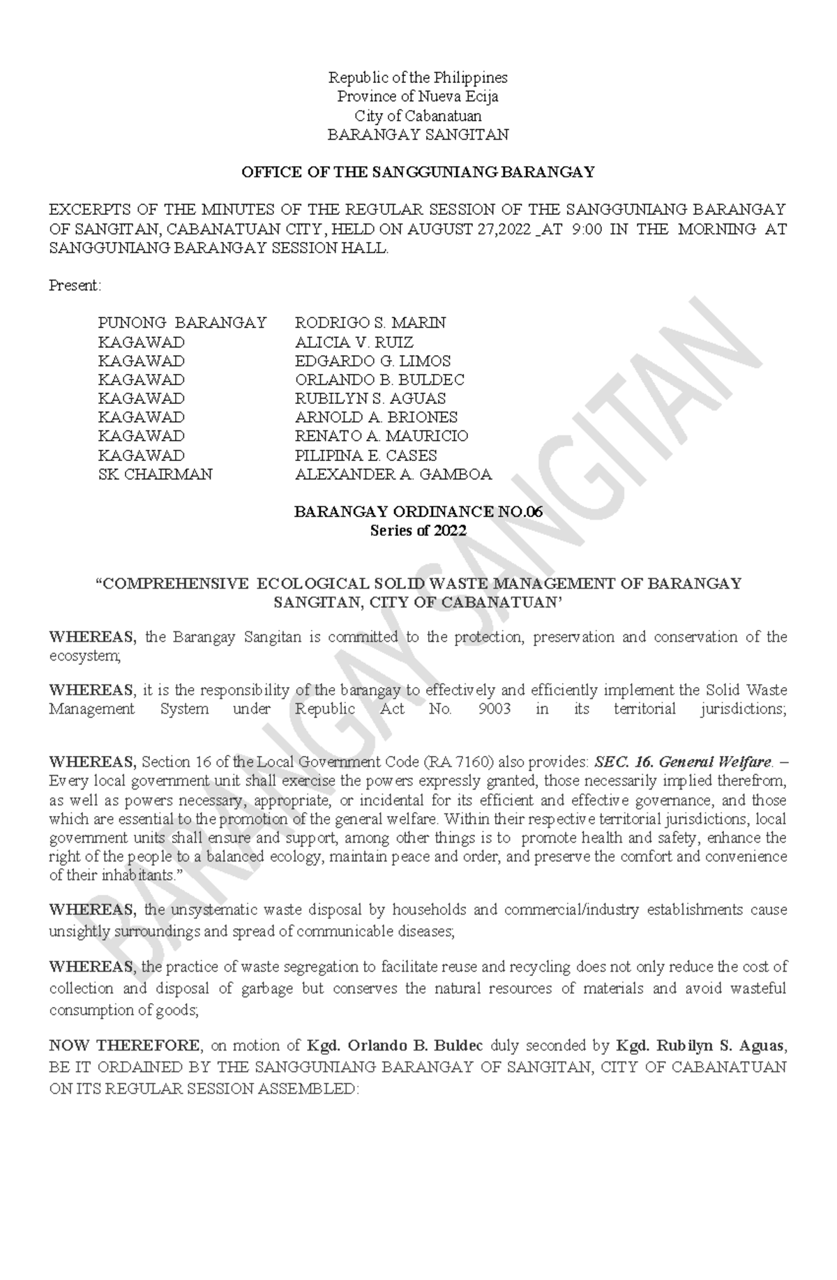 Comprehensive Ecological Solid Waste Management Ordinance for Barangay ...
