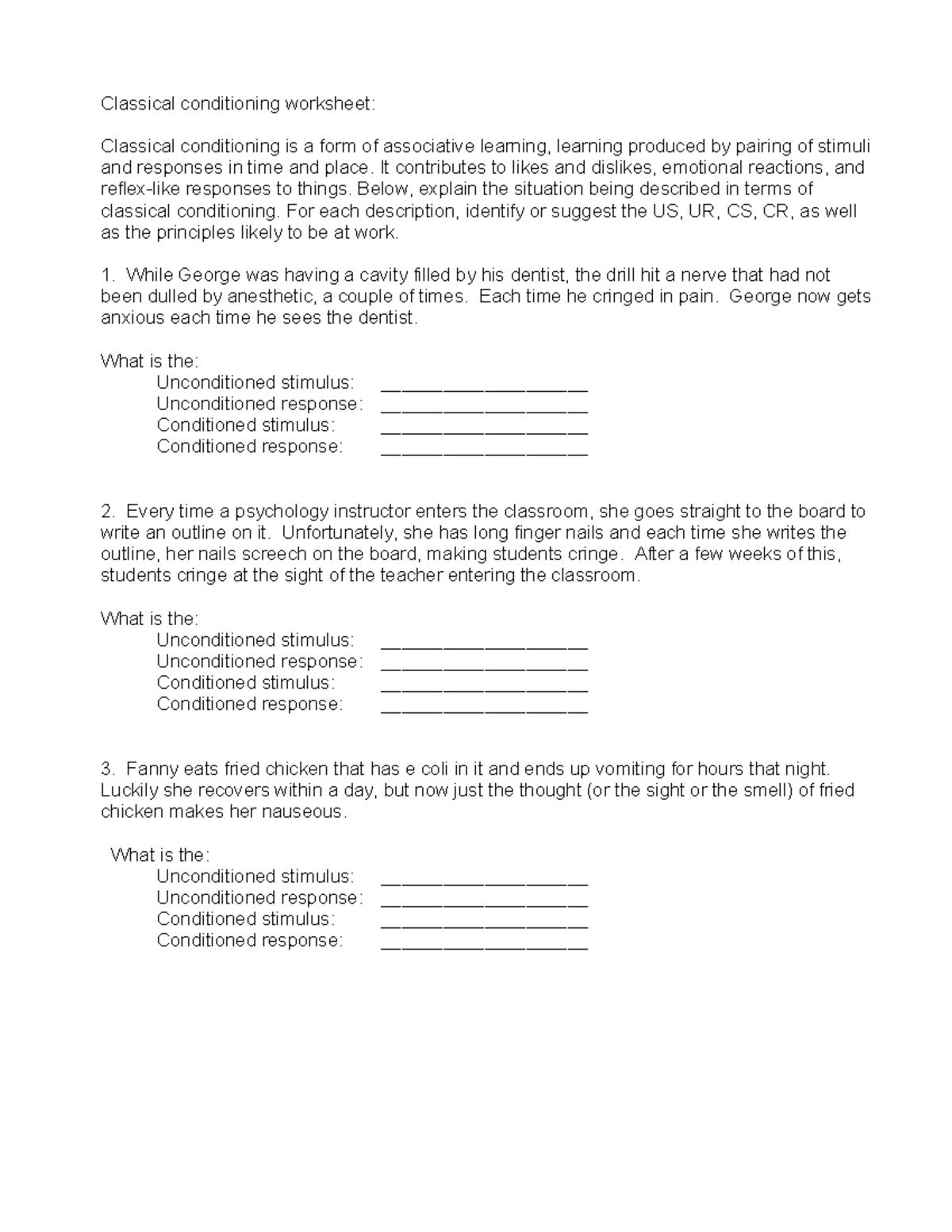 Classical Conditioning Worksheet Analysis and Exercises - Studocu