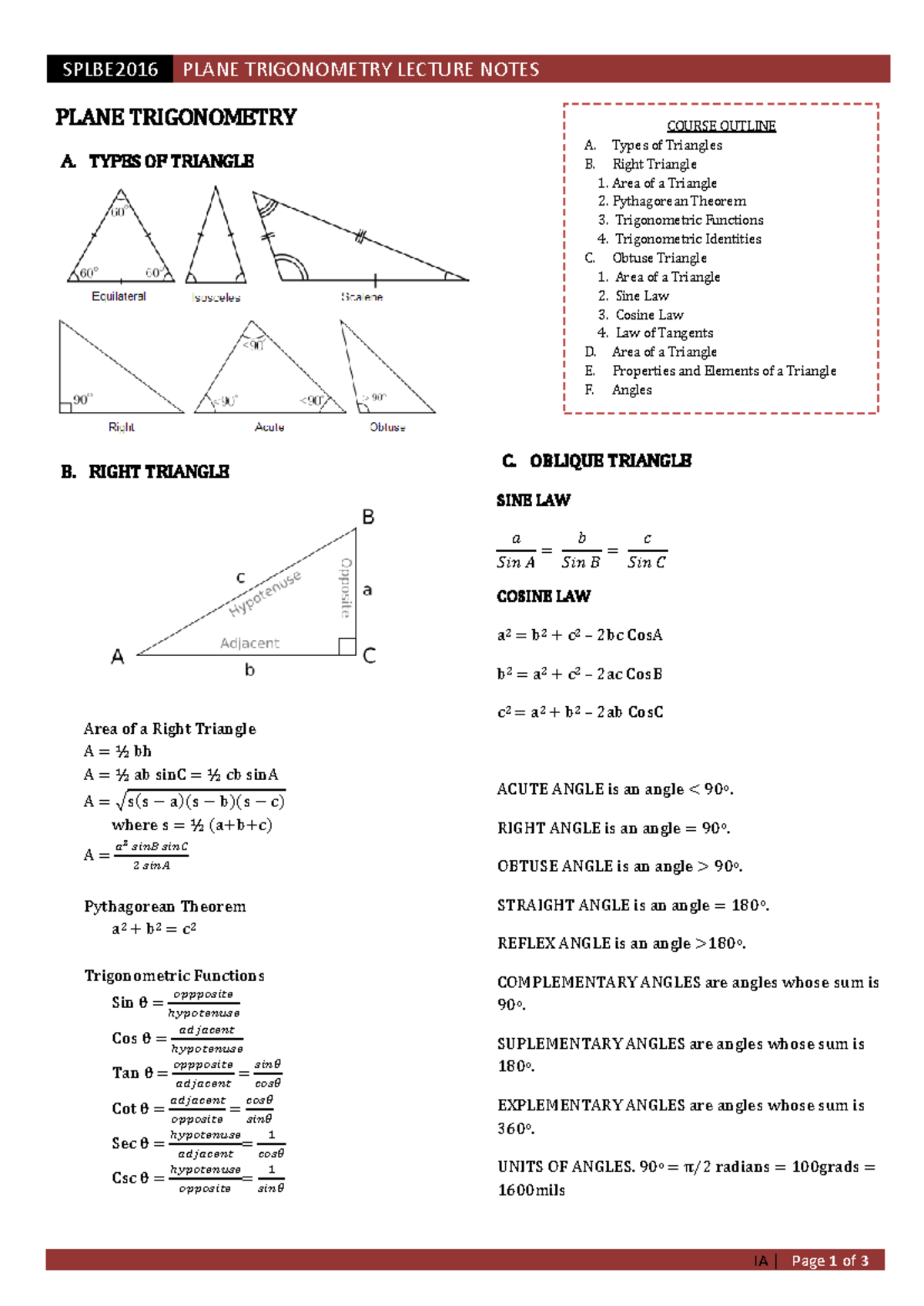 SPLBE2016 Plane Trigonometry Lecture Notes and Key Concepts - Studocu