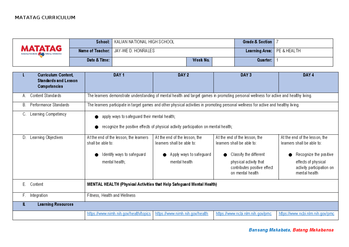 Q1 LE PE Health Grade 7: Mental Health & Physical Activity Strategies ...