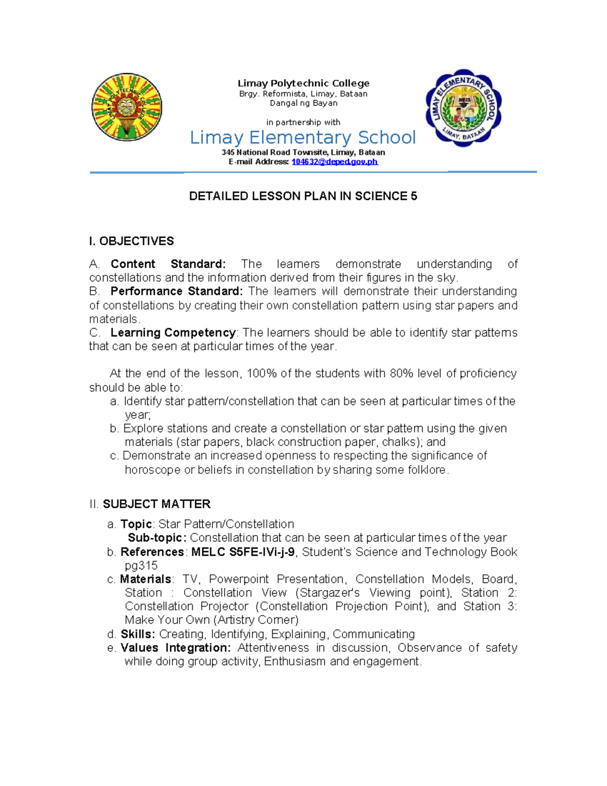 Detailed Science 5 Lesson Plan on Constellations and Star Patterns ...