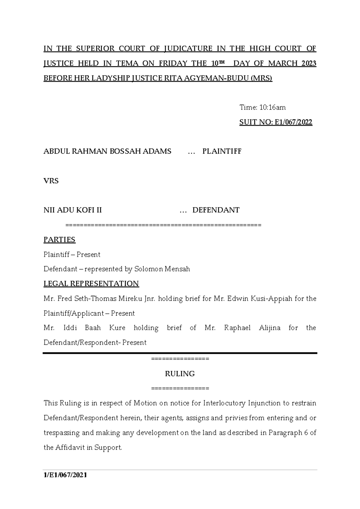 Adams Vrs Adu Kofi II: Ruling on Interlocutory Injunction (10 March ...