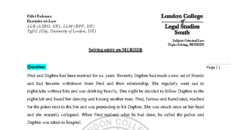 Criminal Law LLB: Analyzing Murder Liability in Fred's Case - Studocu