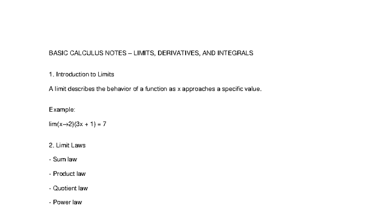BASIC CALCULUS NOTES: LIMITS, DERIVATIVES & INTEGRALS - Studocu