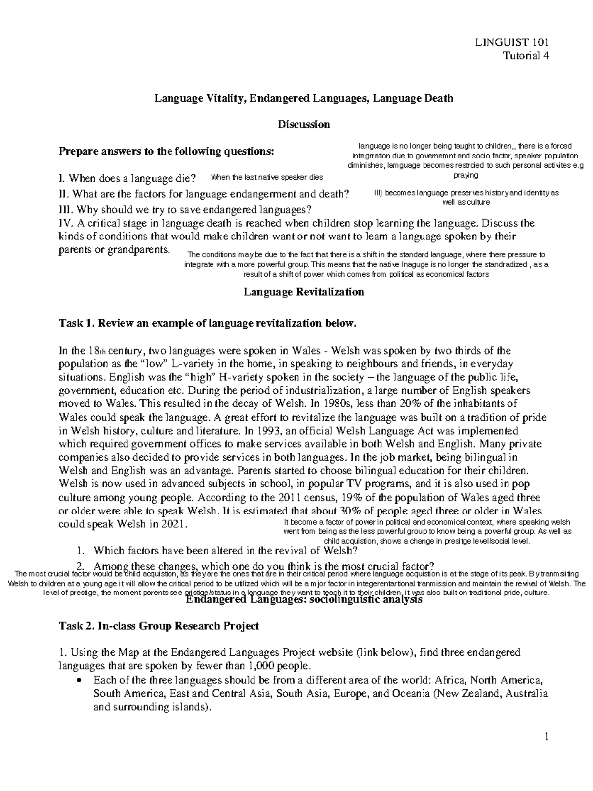 LINGUIST 101 Tutorial 4: Language Vitality, Endangerment ...
