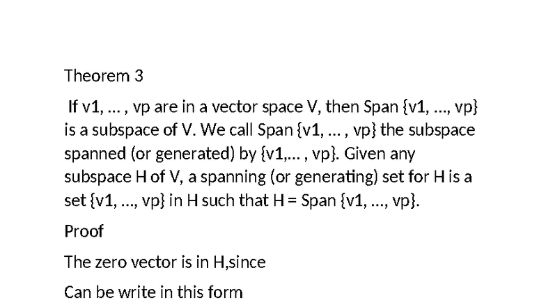 Theorem 3: Span as a Subspace of Vector Space V - Lecture 20 - Studocu