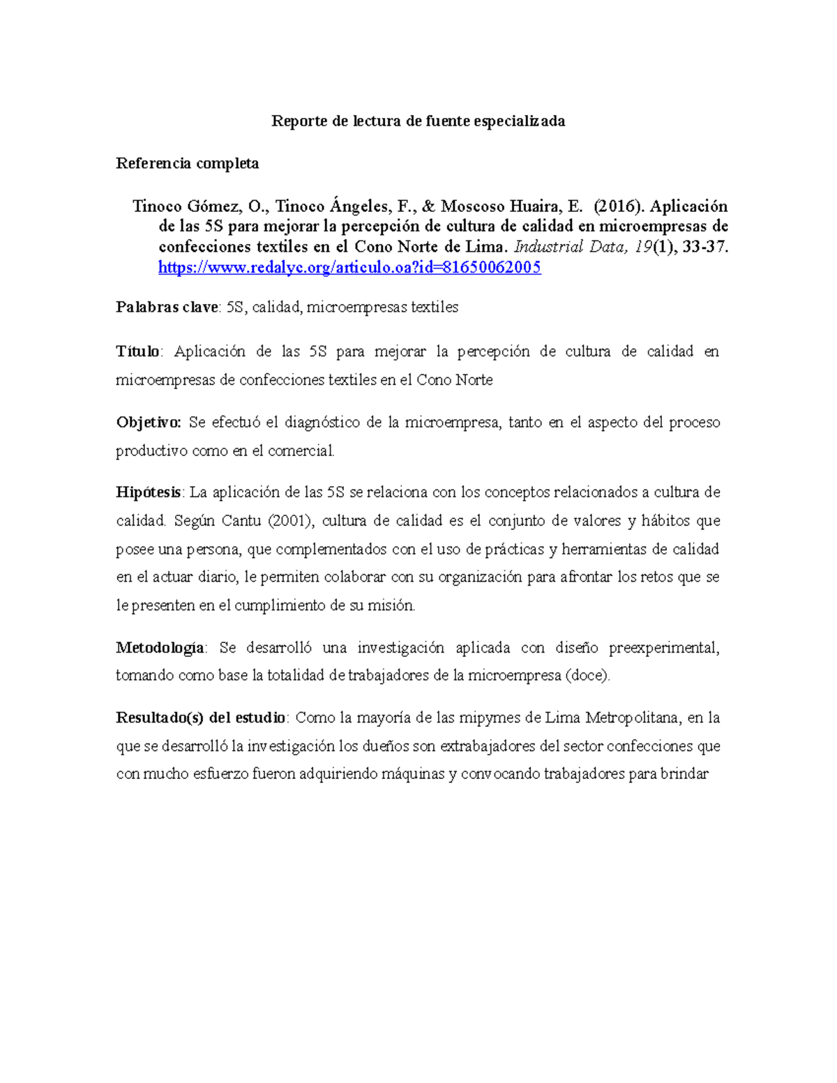 Reporte de Lectura: Aplicación de las 5S en Microempresas Textiles ...