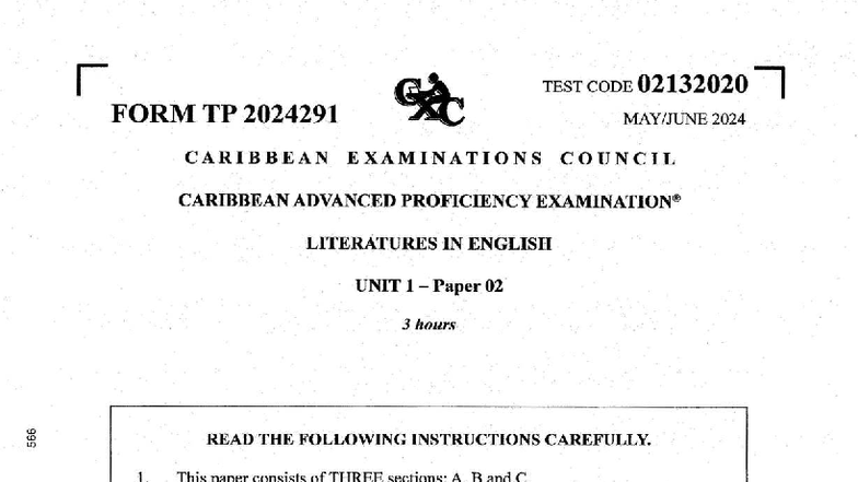 CAPE Literatures in English Unit 1 Paper 02 Exam 2024 - Studocu