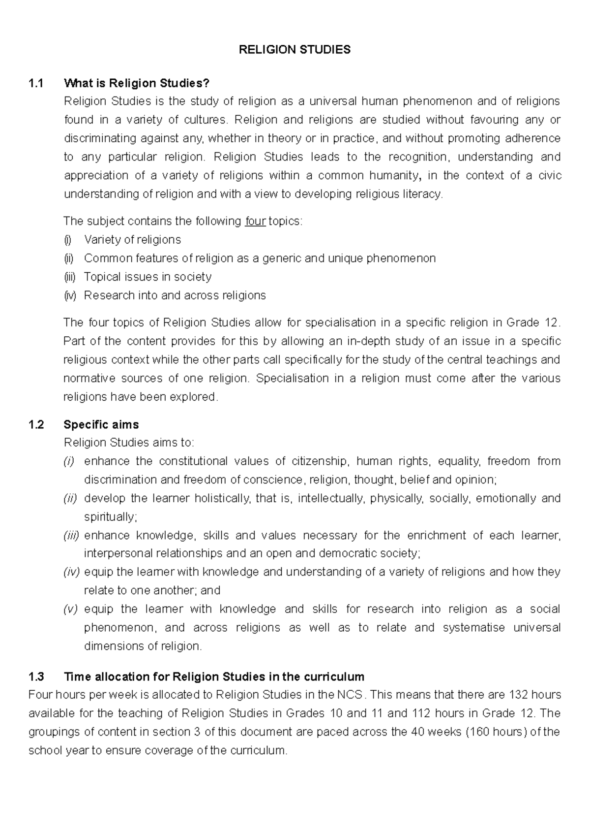 Religion Studies GR12 - Comprehensive Overview and Curriculum Guide ...