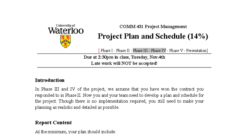 COMM 431 Project Management Plan & Schedule Phases III & IV - Studocu