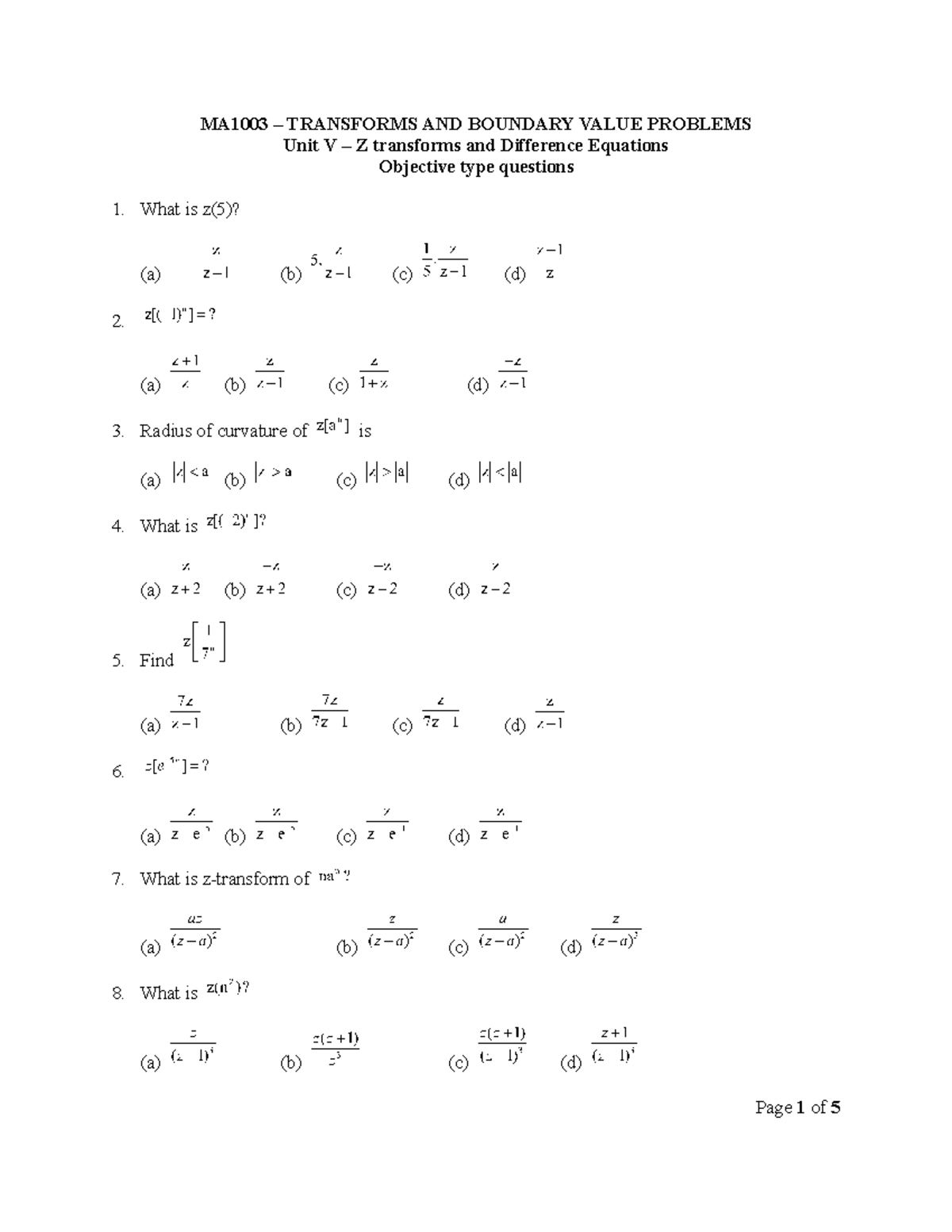 Unit5 - MA1003 – TRANSFORMS AND BOUNDARY VALUE PROBLEMS Unit V – Z transforms and Difference ...