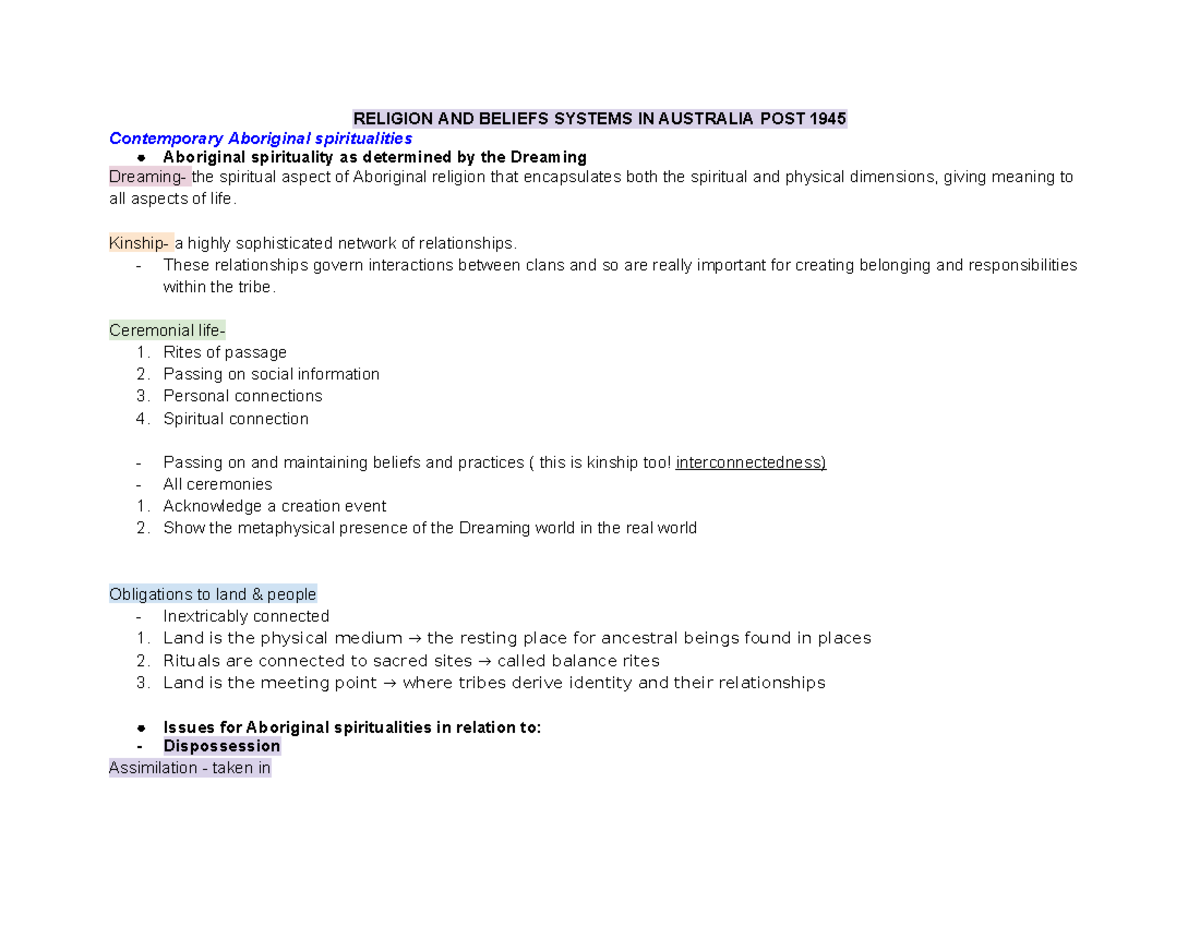 RE Study Notes HSC: Religion and Belief Systems in Australia Post-1945 ...