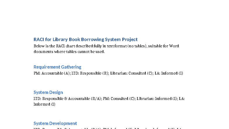 RACI Text Format - RACI for Library Book Borrowing System Project Below ...