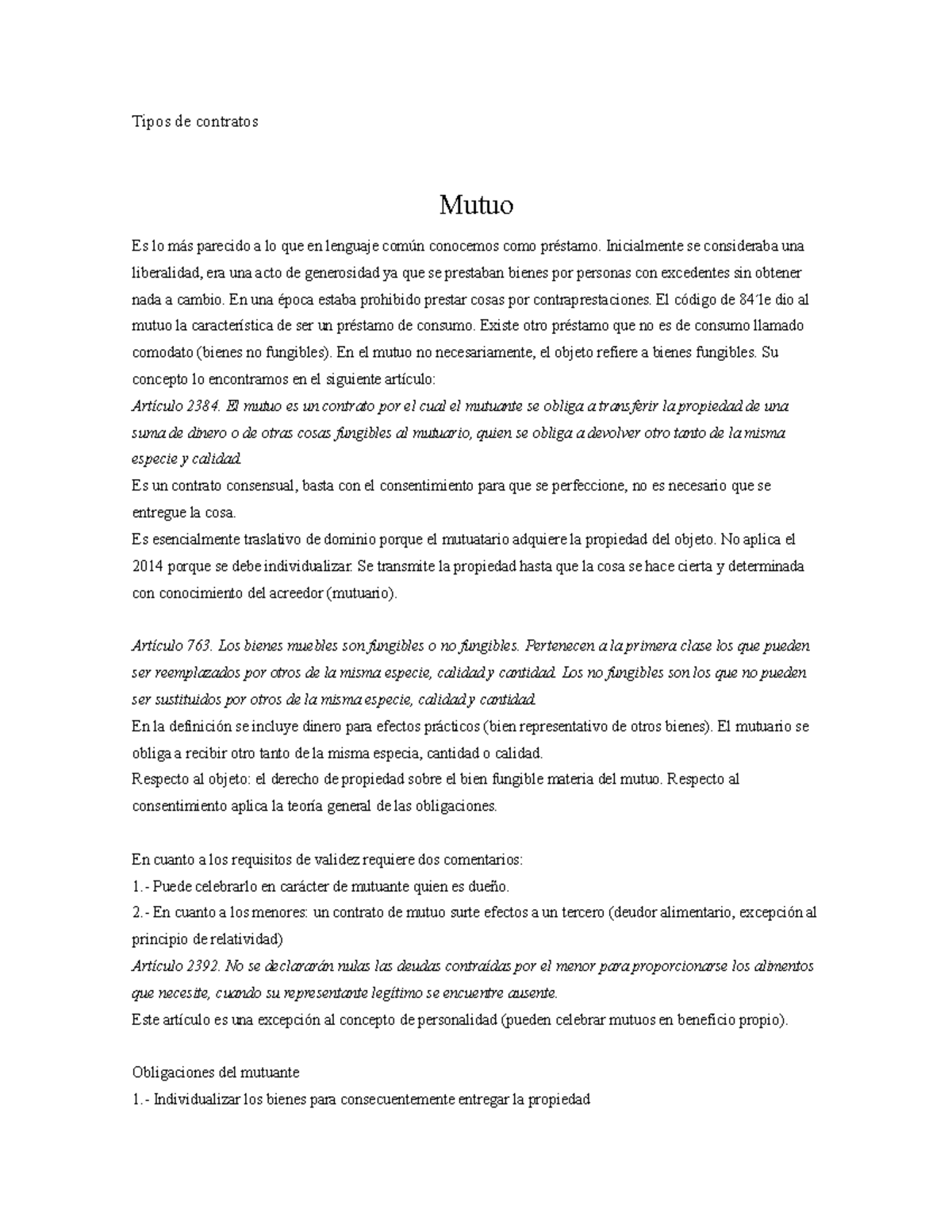 Tipos de Contratos: Mutuo y sus Requisitos Esenciales - Studocu