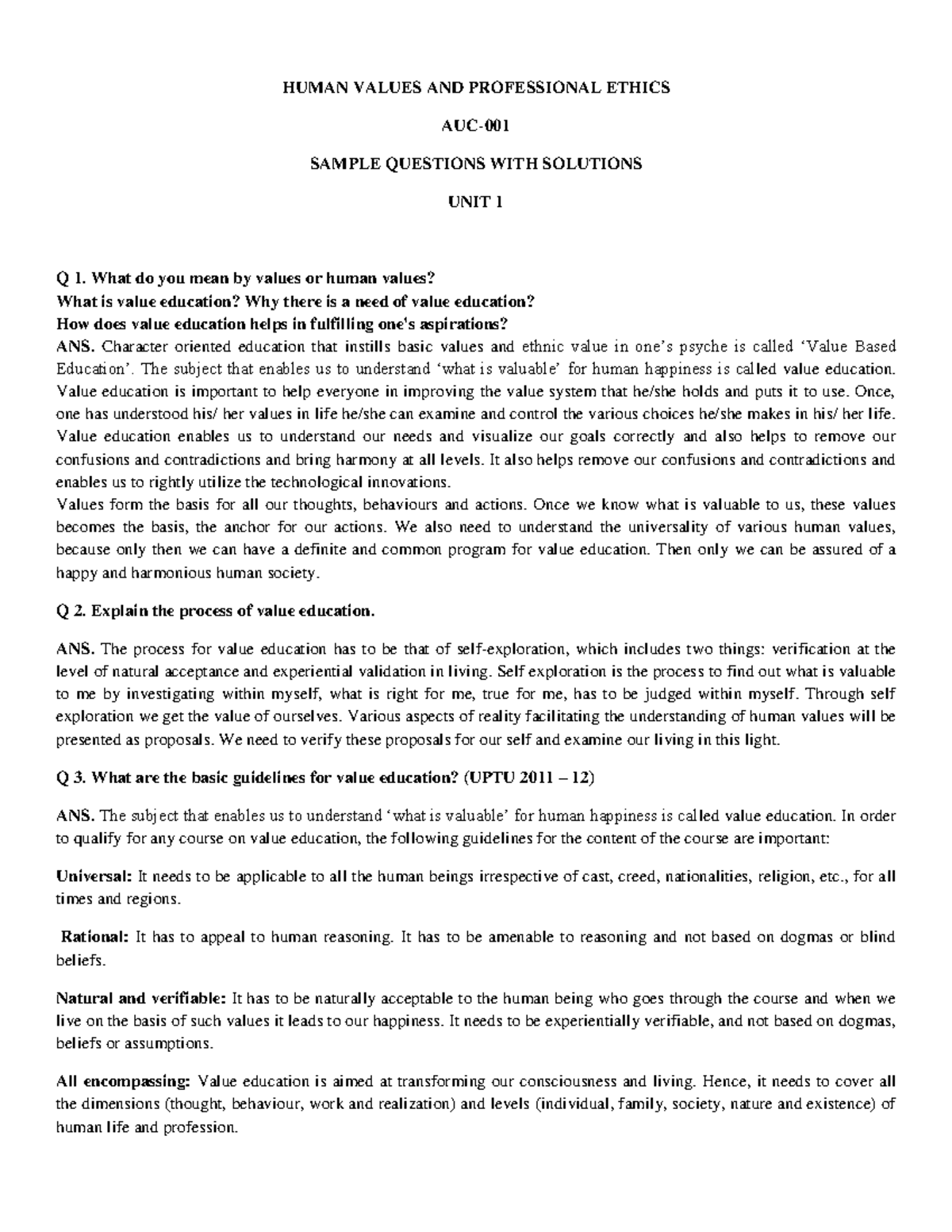 Value Education & Human Ethics Sample Questions - AUC 2023 - Studocu