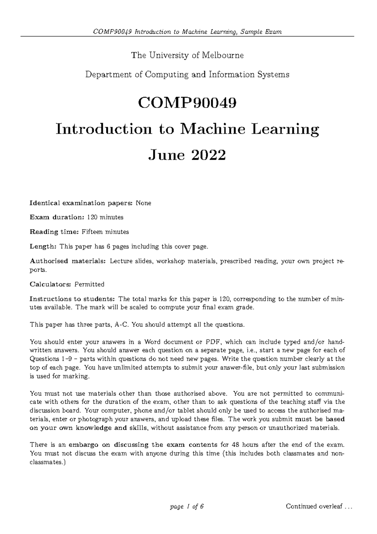 COMP90049 Machine Learning Final Exam Sample Questions June 2022 - Studocu