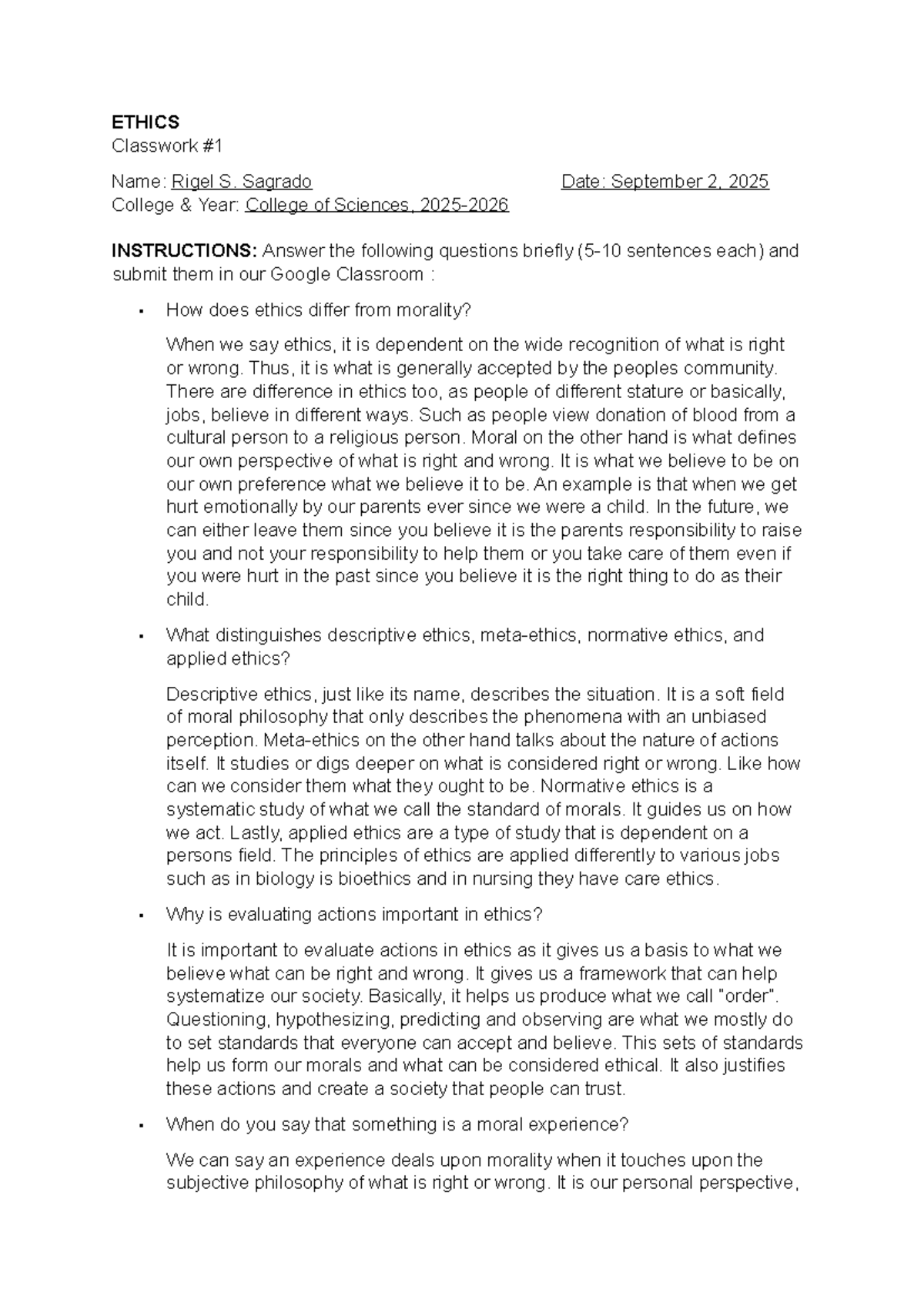 ETHICS Classwork: Understanding Morality and Ethical Frameworks - Studocu