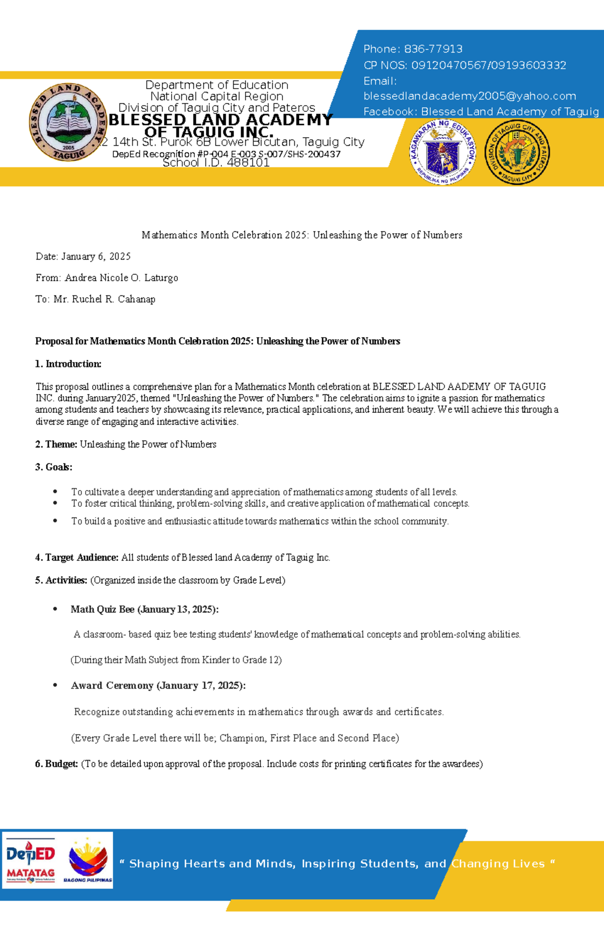 MATH 111319 Proposal for Mathematics Month Celebration 2025 - Studocu